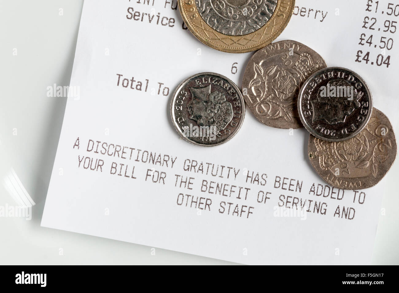 Money with bill on saucer in restaurant or cafe. Bill says a ...