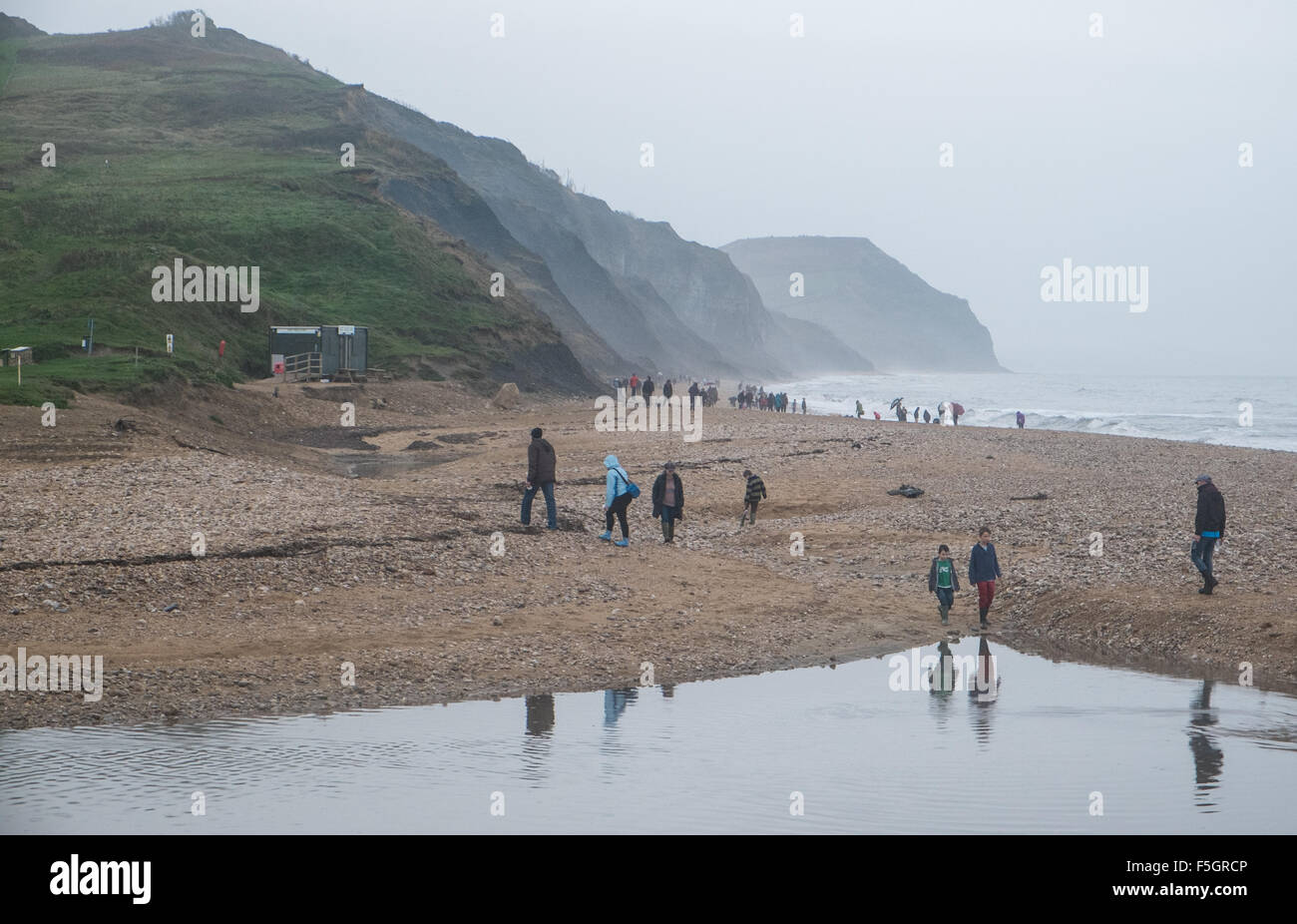 Hunting for fossils on a wind-swept and wet day on Jurassic,Coast ...