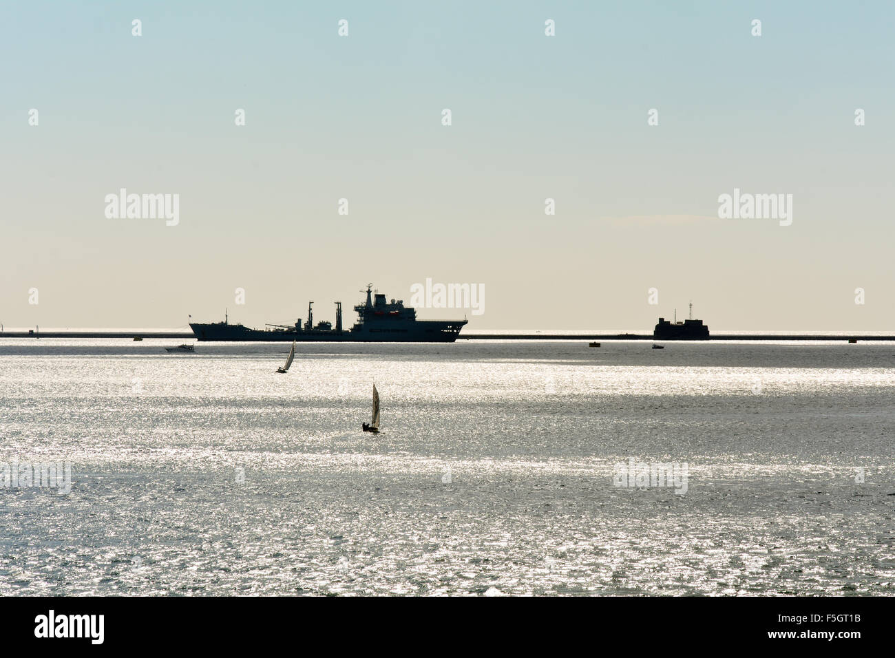 View out to English Channel from Plymouth Hoe with Royal Navy ships ...