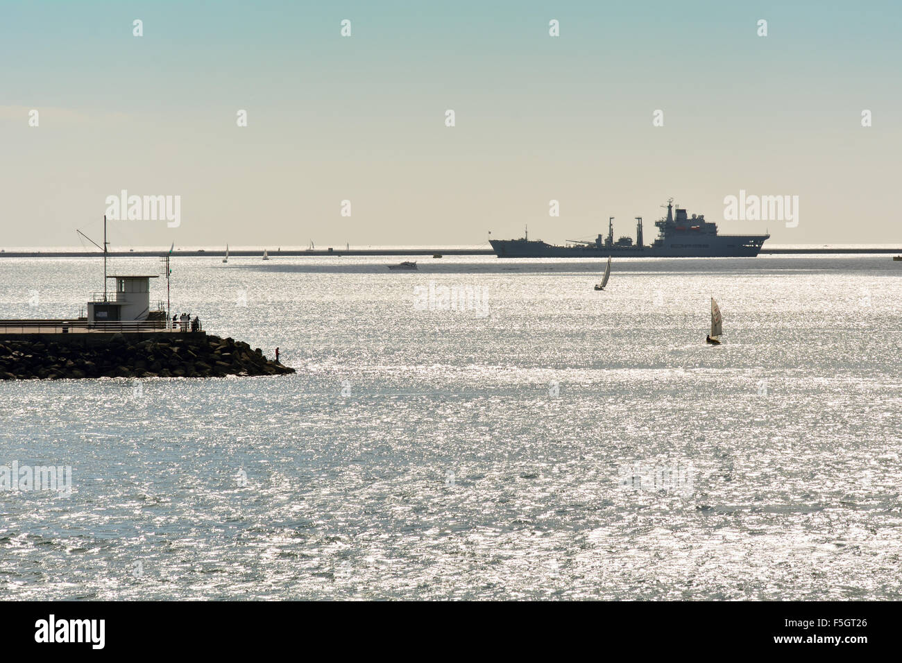 View out to English Channel from Plymouth Hoe with Royal Navy ships ...