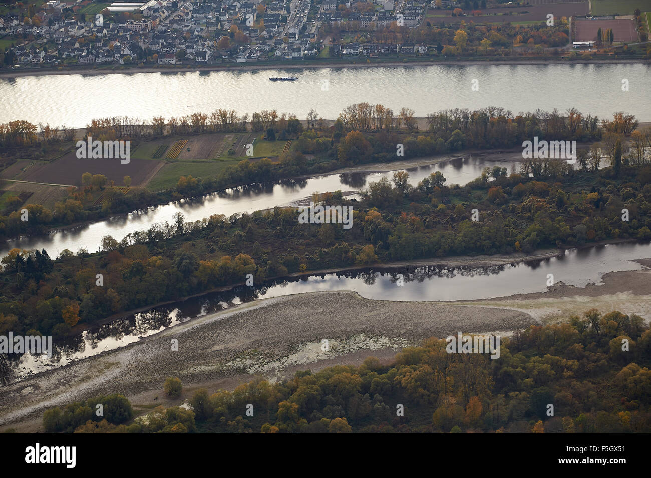 An aerial shot shows sandbanks in the Rheine near to Bendorf, Germany ...