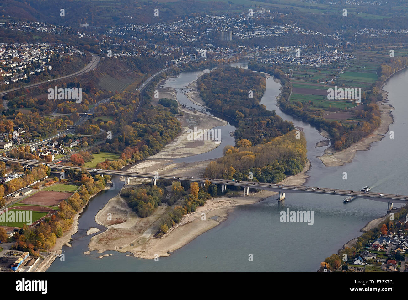 An aerial shot shows sandbanks in the Rheine near to Bendorf, Germany ...