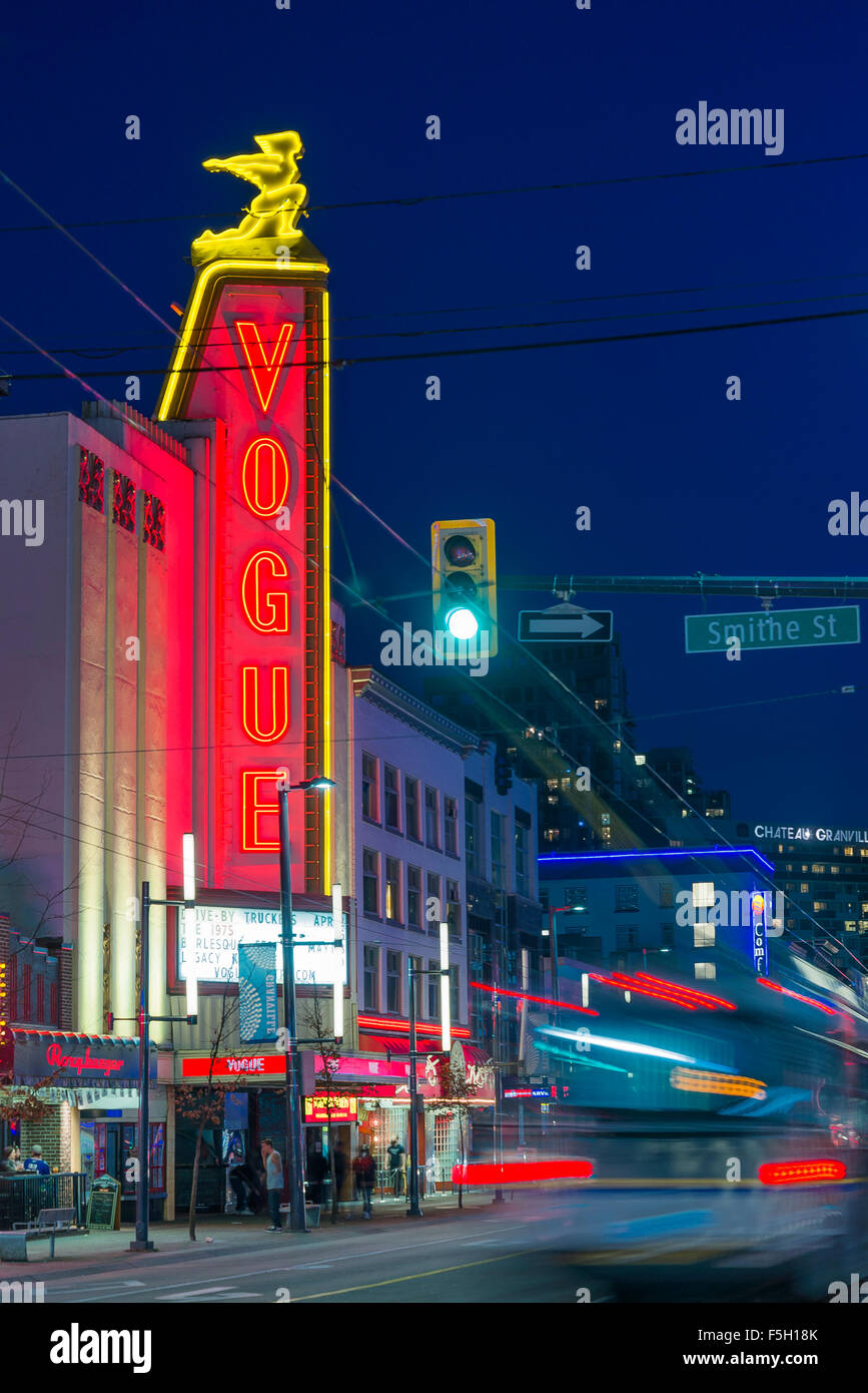 The Vogue Theatre neon sign on Granville street at night, downtown ...
