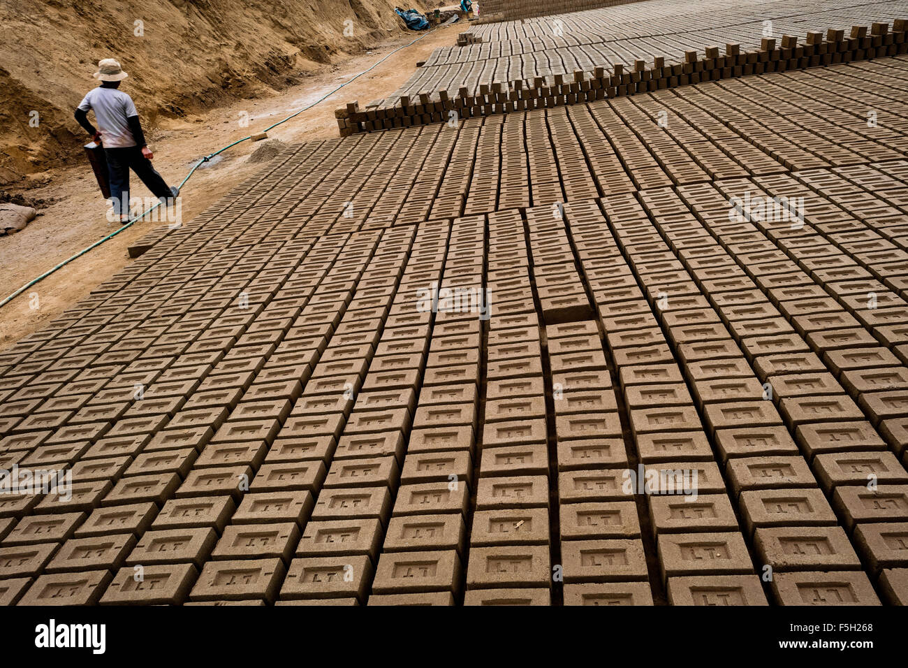 A Peruvian boy walks along freshly molded bricks at a brick factory in ...