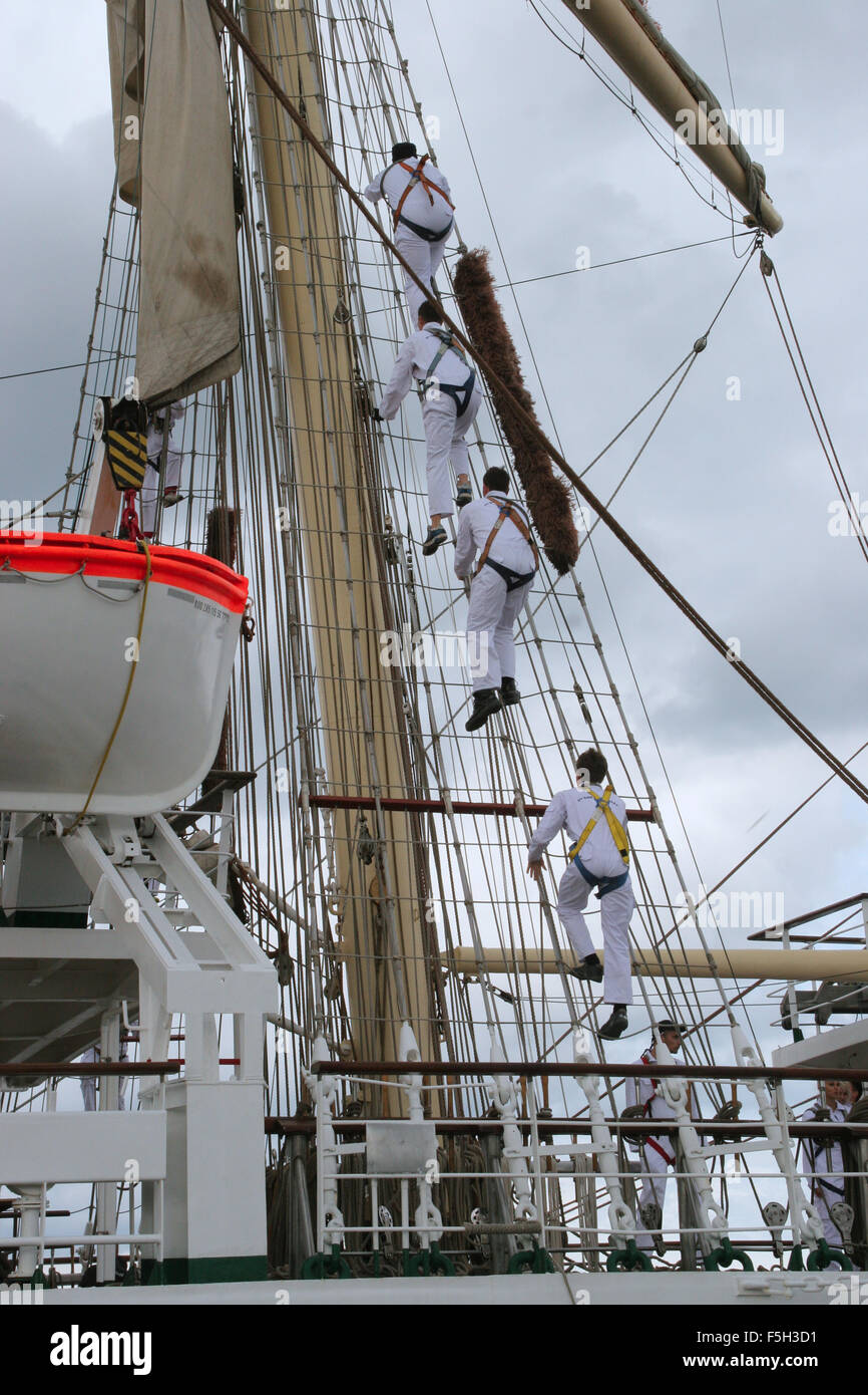 Crew of "Dar Mlodziezy" climbs the mast to raise the sails Stock Photo ...