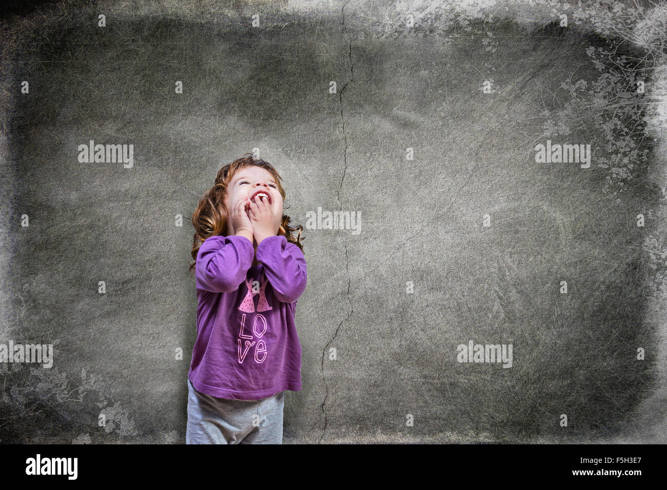 Joyful beautiful girl in night suit thinking at stars and hearts Stock ...