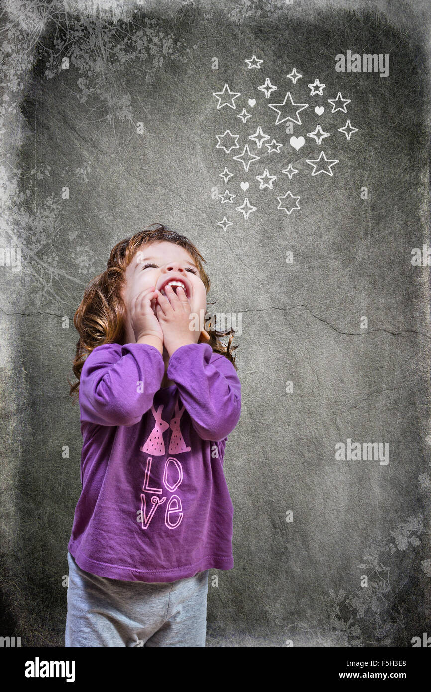 Joyful beautiful girl in night suit thinking at stars and hearts Stock ...