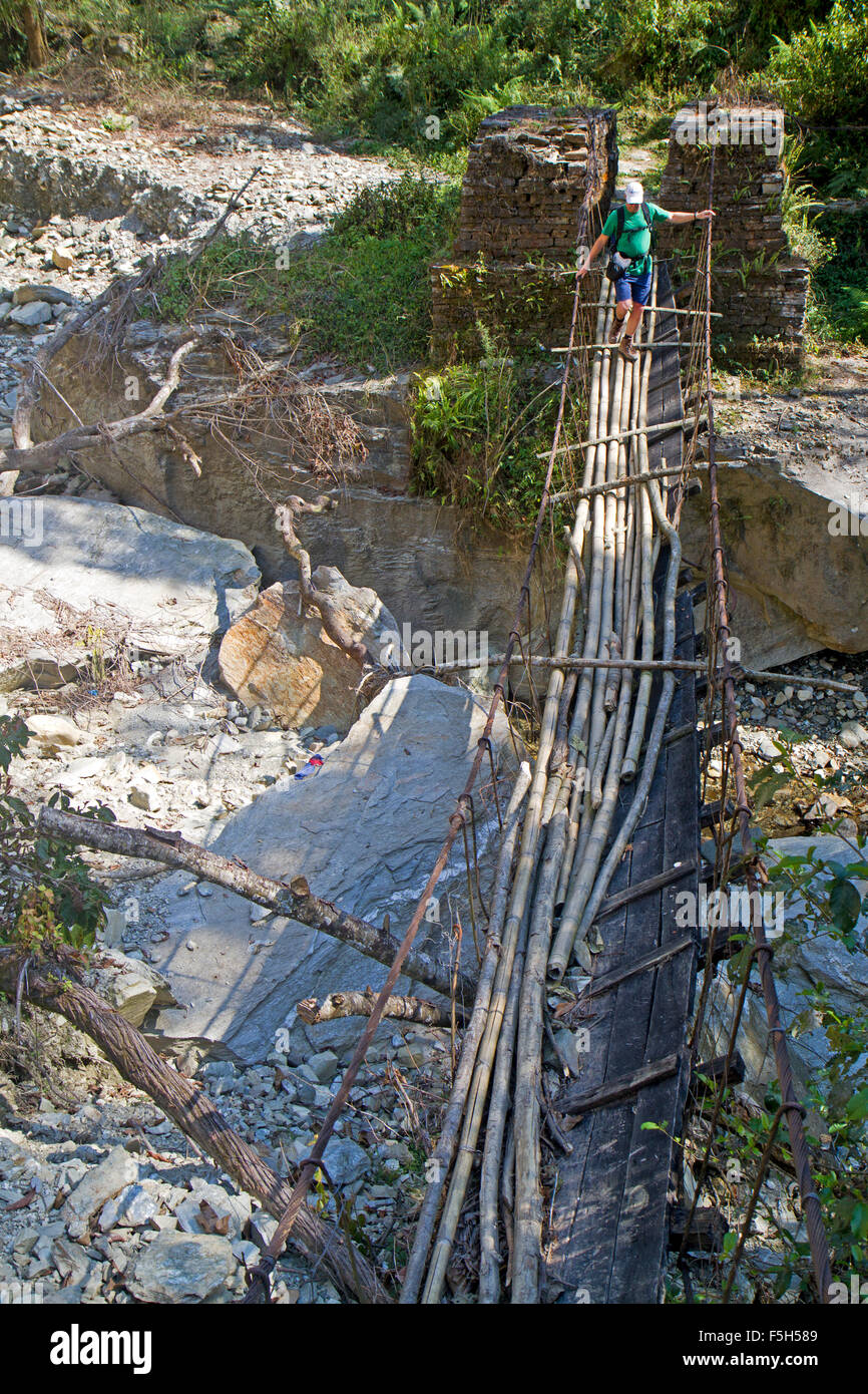 Rickety bridge crossing on the trail into Annapurna Sanctuary Stock ...