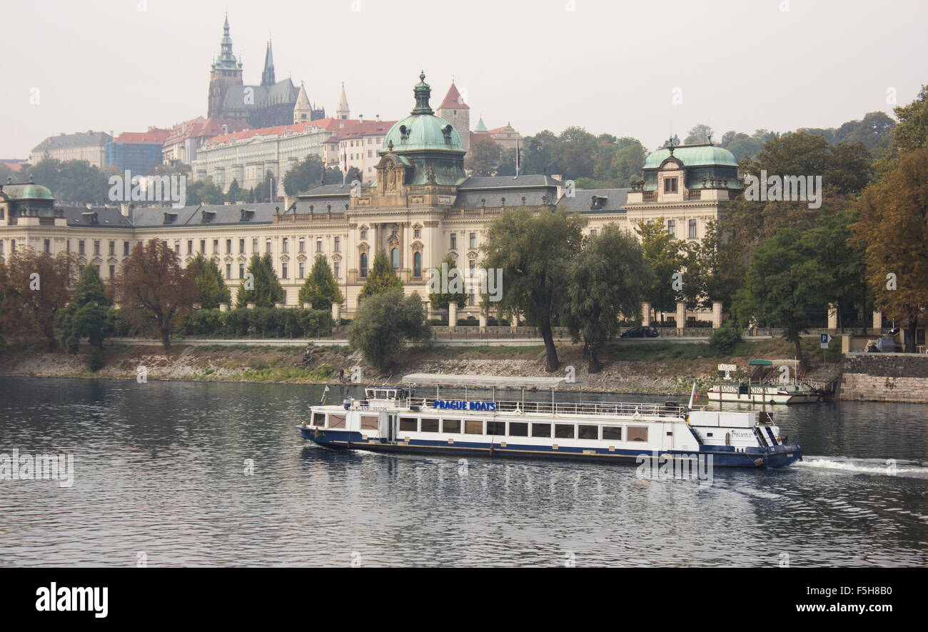 Prague skyline with the Vltava river, the longest river in the Czech ...