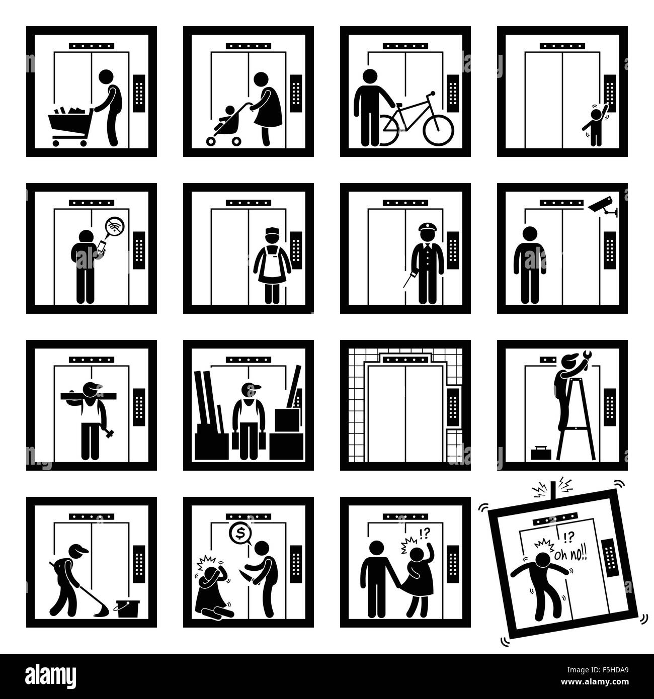 Things that People do inside Elevator Lift Stick Figure Pictogram Icons ...
