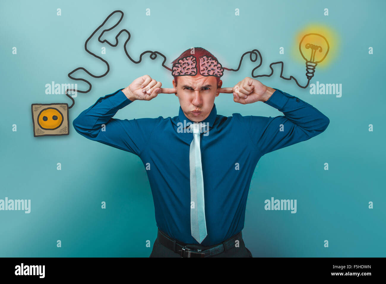 businessman man puffed out his cheeks and closed his hands over Stock ...