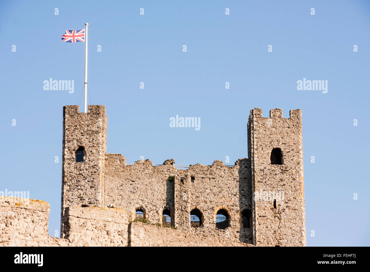 England, Rochester Castle. Top of typical Norman keep corner turrets ...