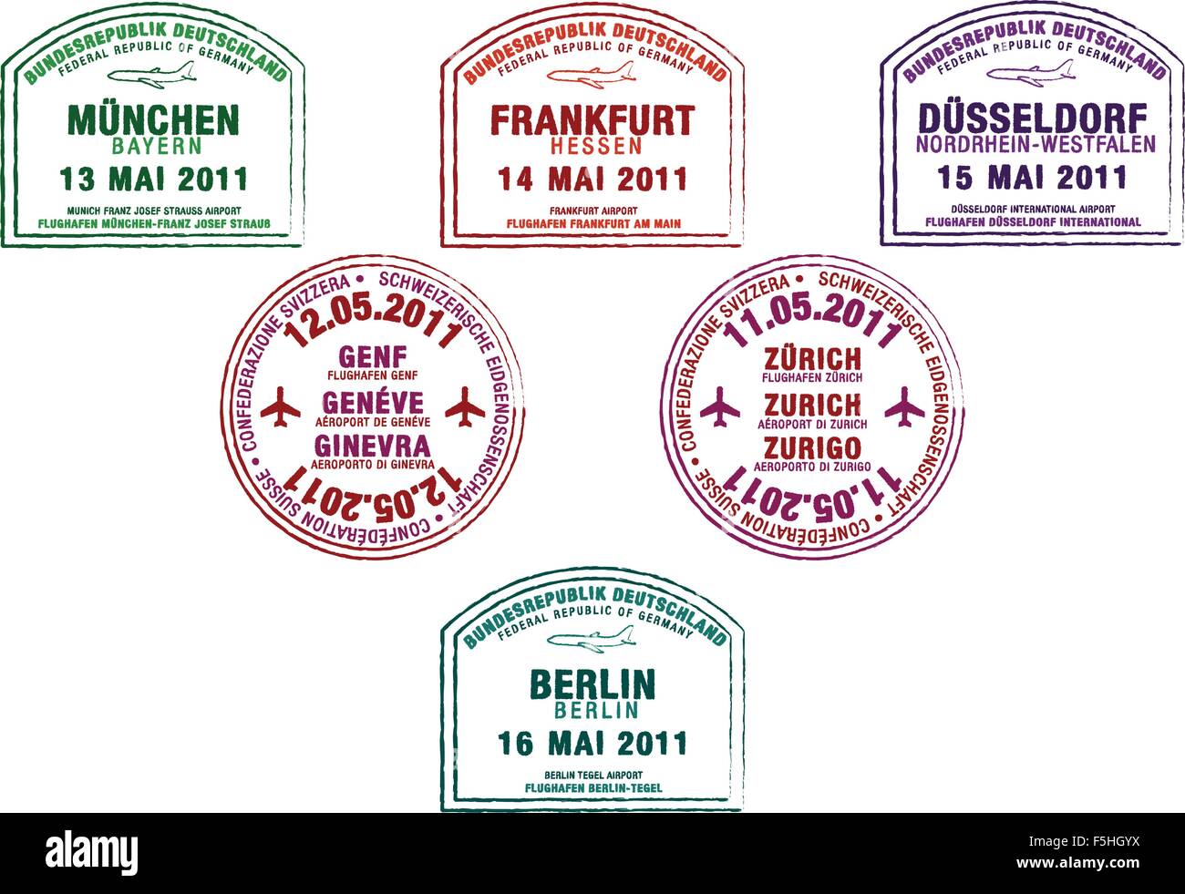 Passport stamps from Germany and Switzerland in vector format Stock ...