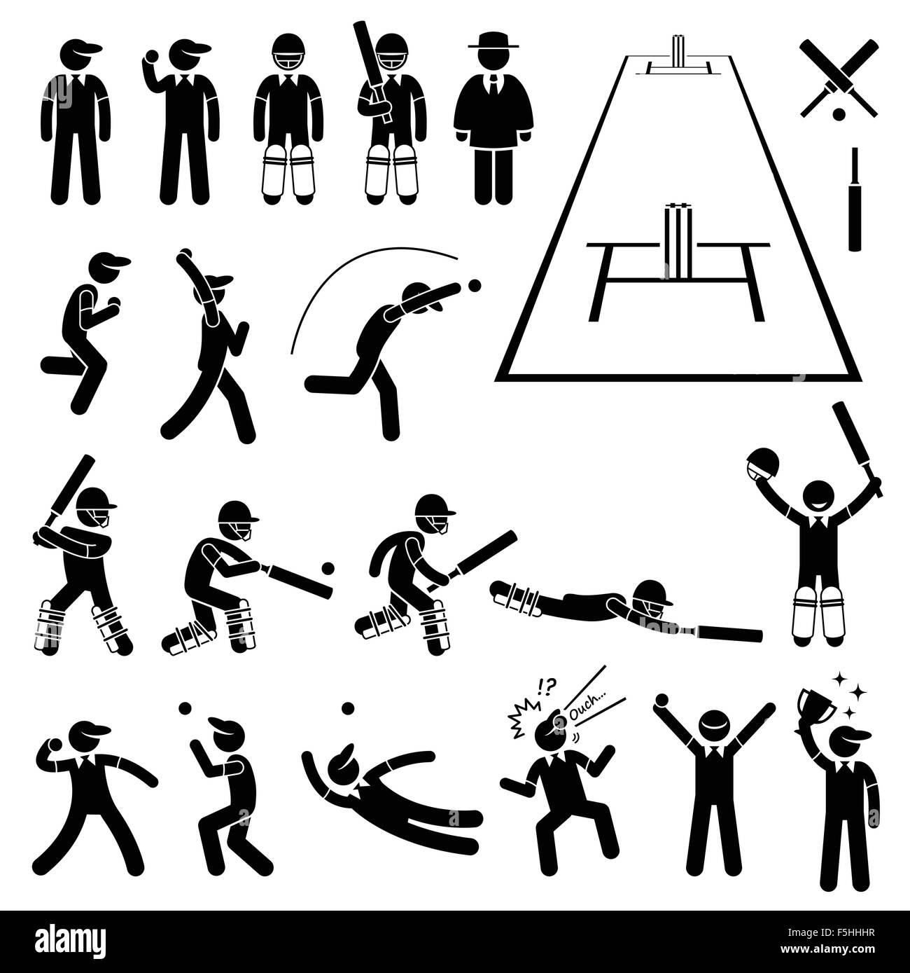 Cricket Player Actions Poses Stick Figure Pictogram Icons Stock Vector ...