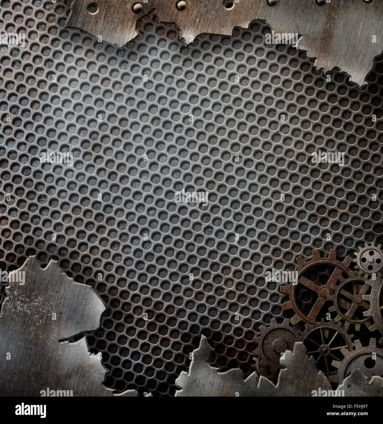 grunge metal background template with gears and cogs Stock Photo - Alamy