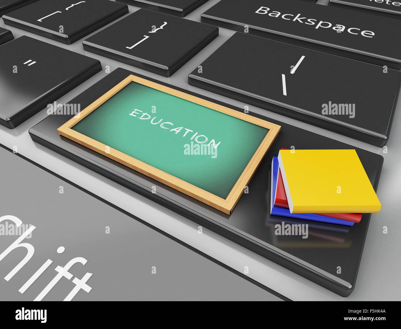 3d renderer illustration. Blackboard and books on computer keyboard ...