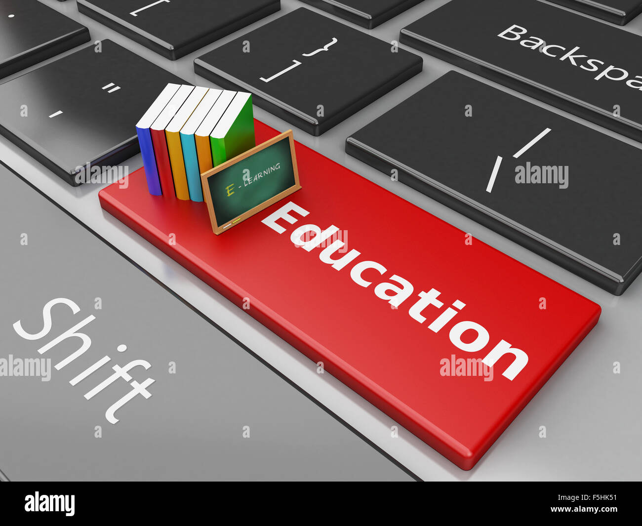 3d renderer illustration. Blackboard and books on computer keyboard ...