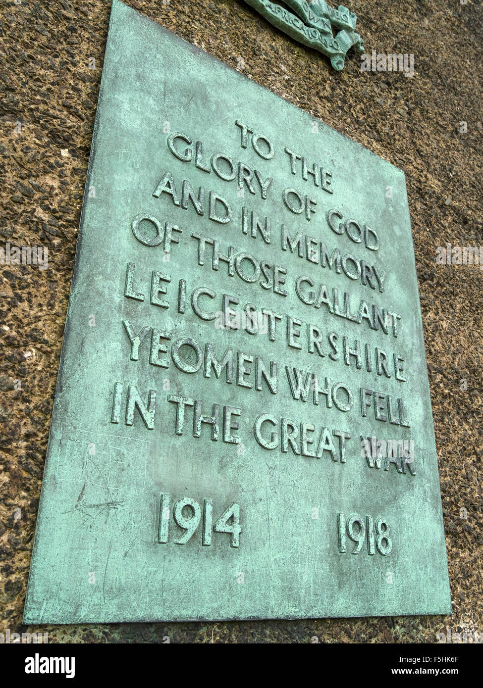 Commemorative inscriptions on metal plaque on Leicestershire Yeomanry ...
