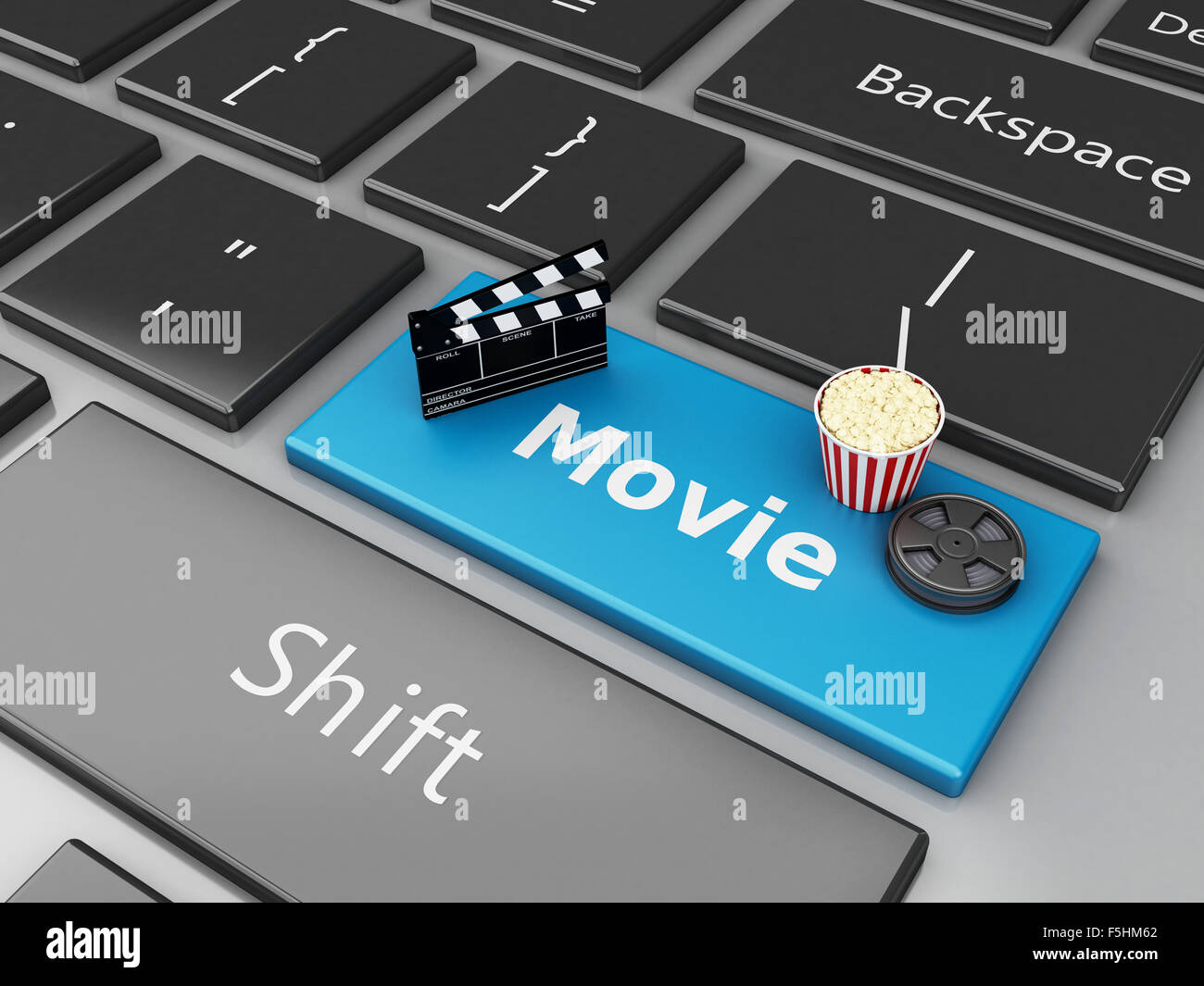 3d illustration. Popcorn, clapper board and film reel on computer ...
