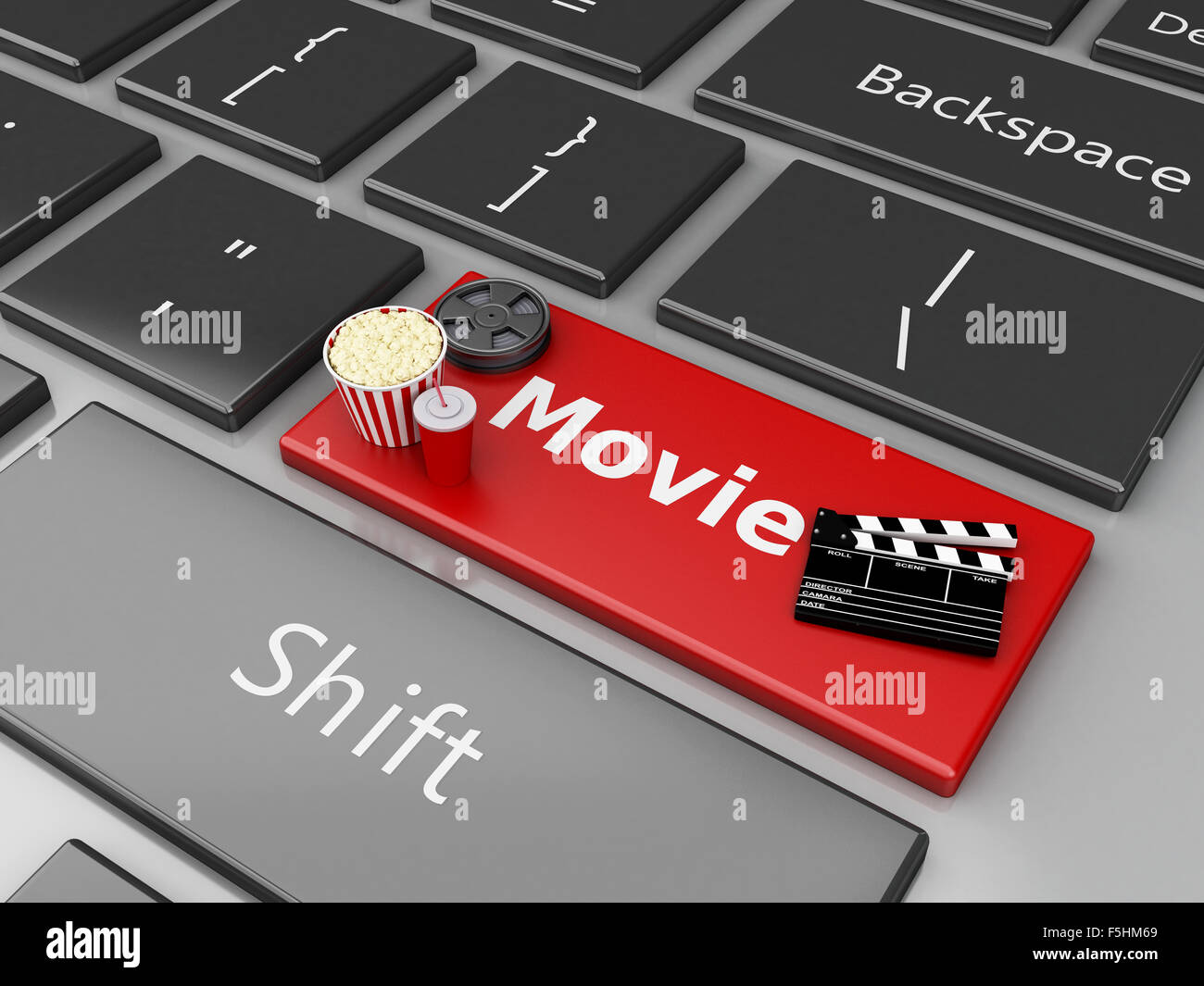 3d illustration. Clapper board with Film reel and popcorn on computer ...