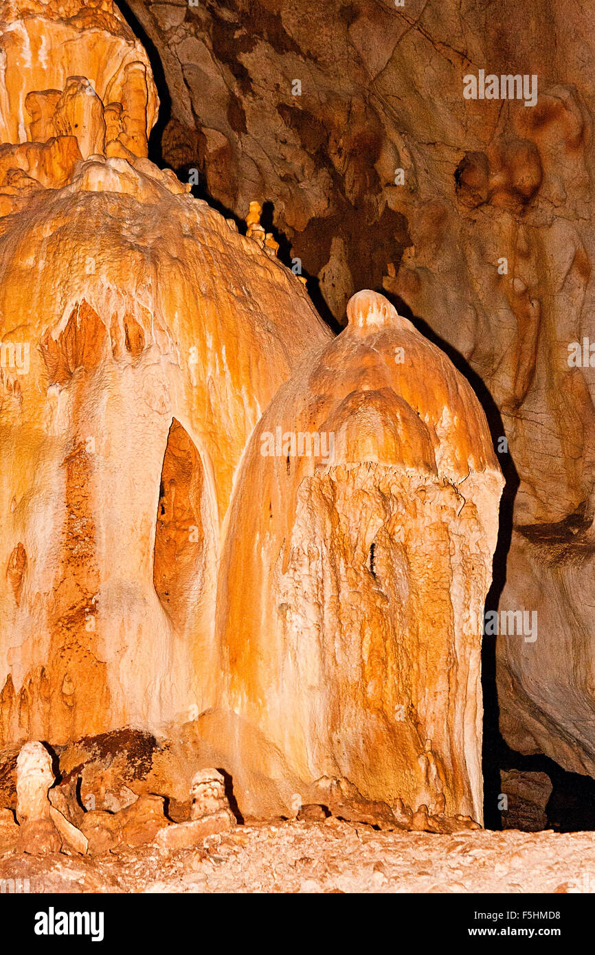 Inside view of an underground cavern or cave with stalagmites and ...