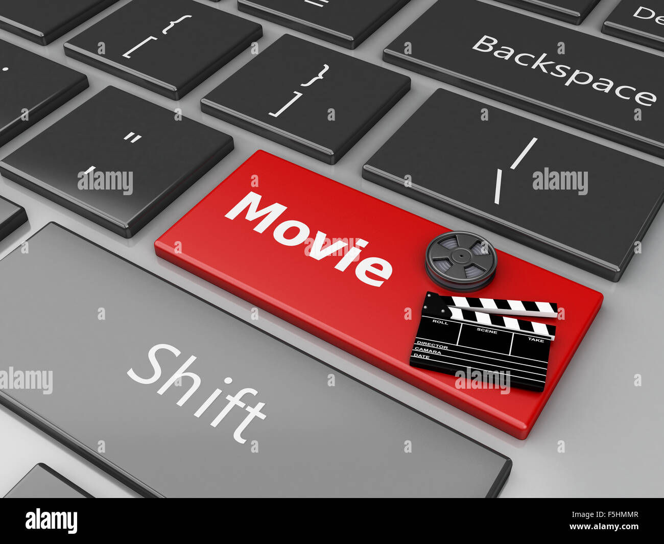 3d illustration. Clapper board and Film reel on computer keyboard ...