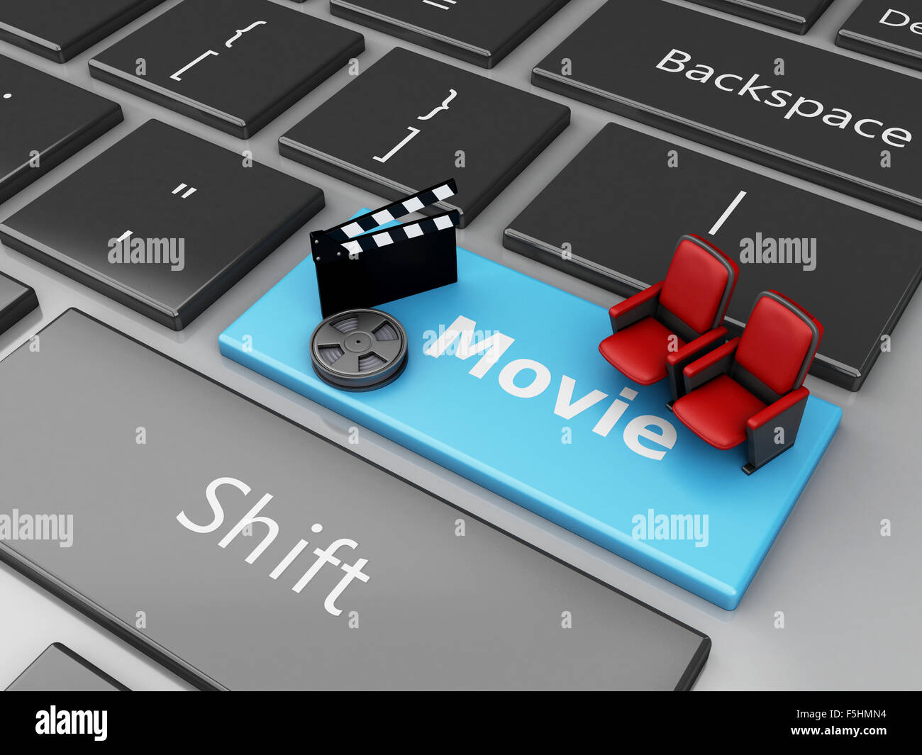 3d illustration. Cinema Clapper board and theater seat on computer ...