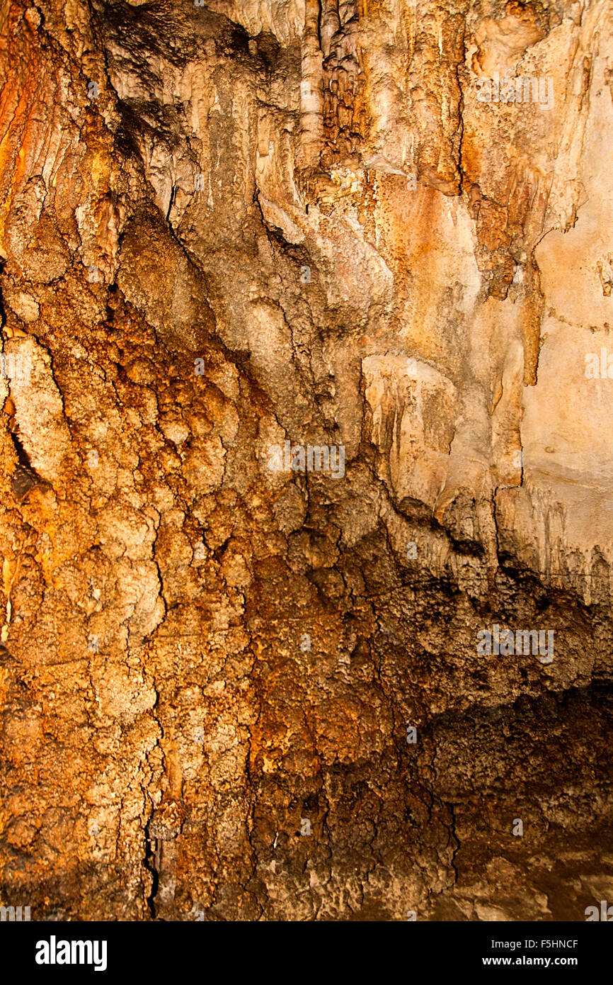 Inside view of an underground cavern or cave with stalagmites and ...