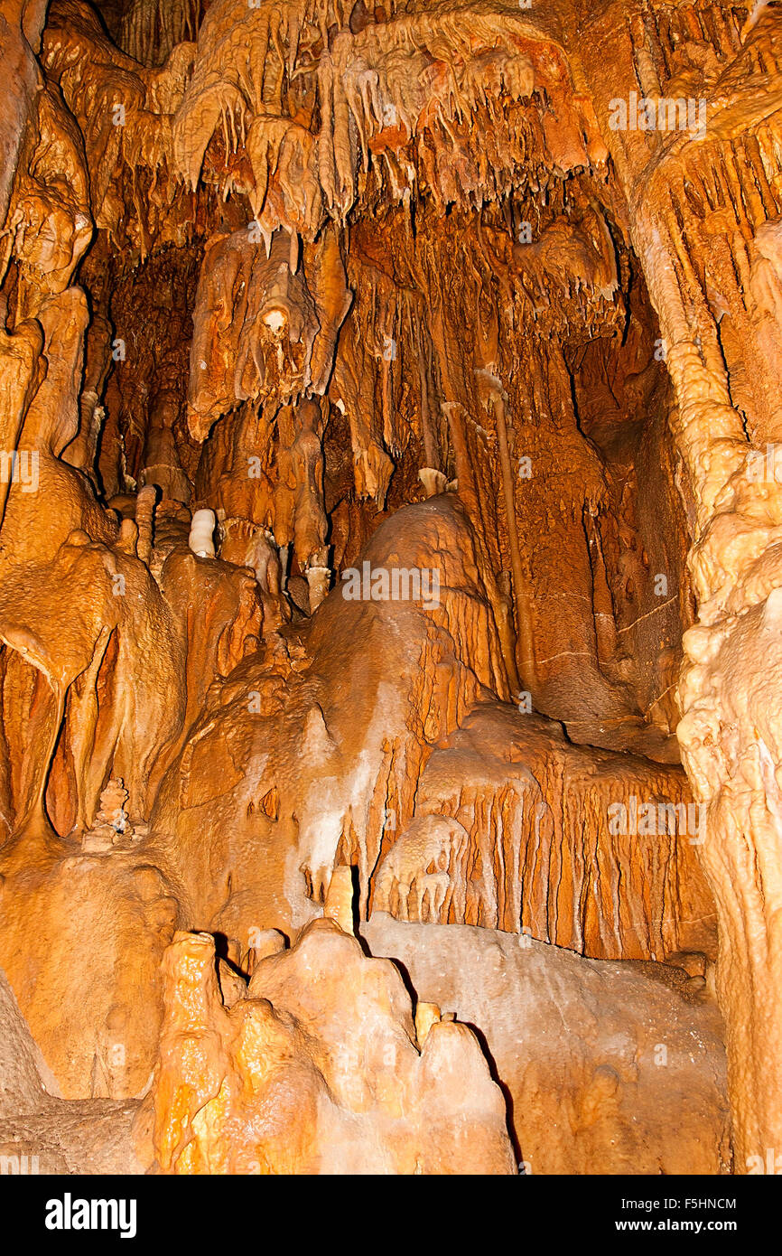 Inside view of an underground cavern or cave with stalagmites and ...