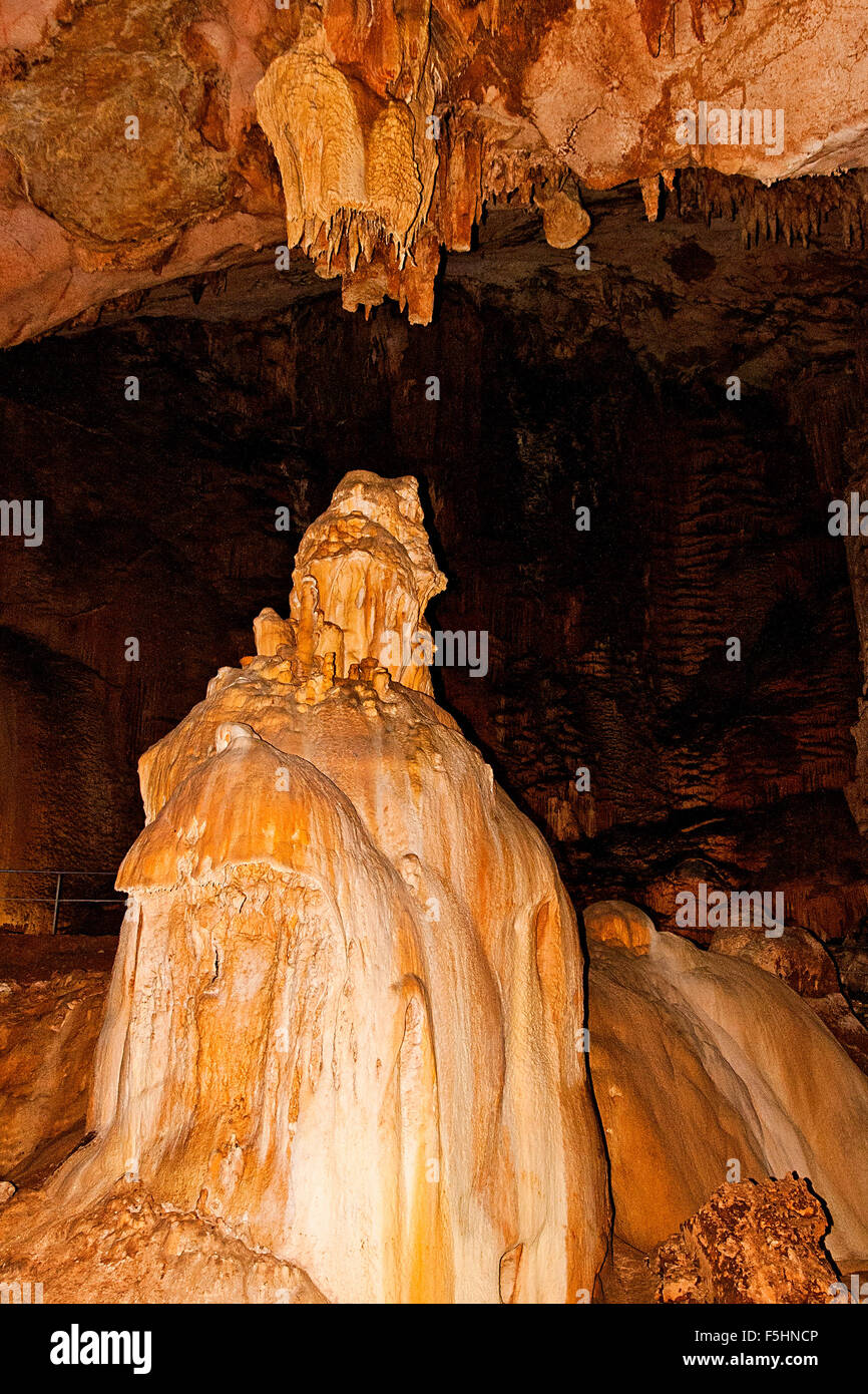 Inside view of an underground cavern or cave with stalagmites and ...