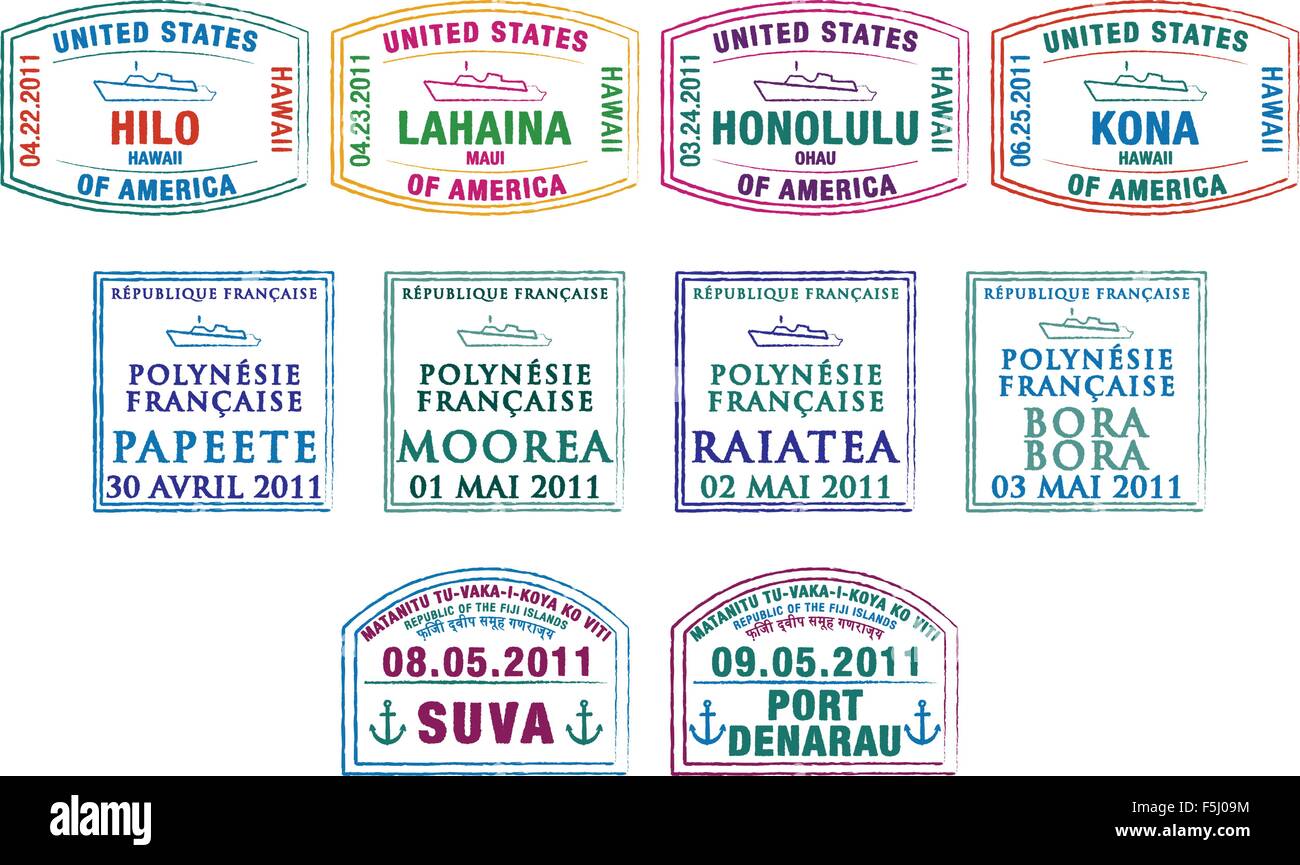 Hawaiian, French Polynesian and Fijian passport stamps in vector format ...