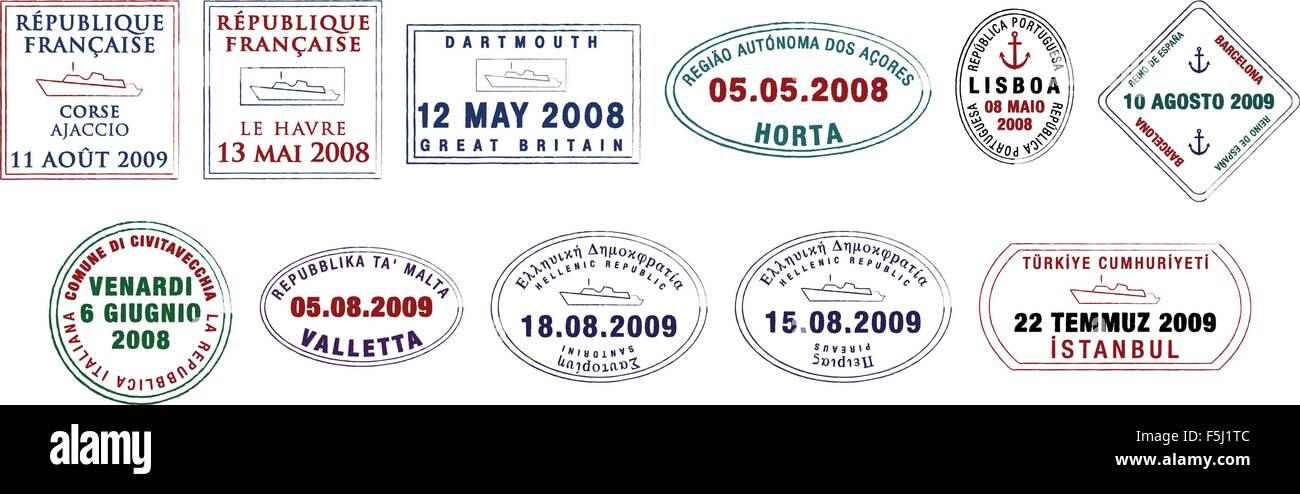 A collection of stylised vector European passport stamps on a white ...