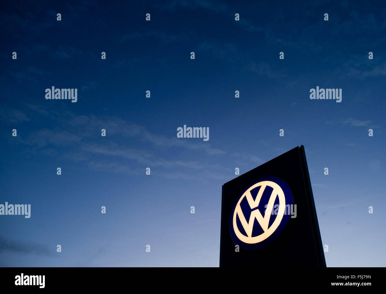 Hanover, Germany. 5th Nov, 2015. An illuminated VW logo at a Volkswagen ...