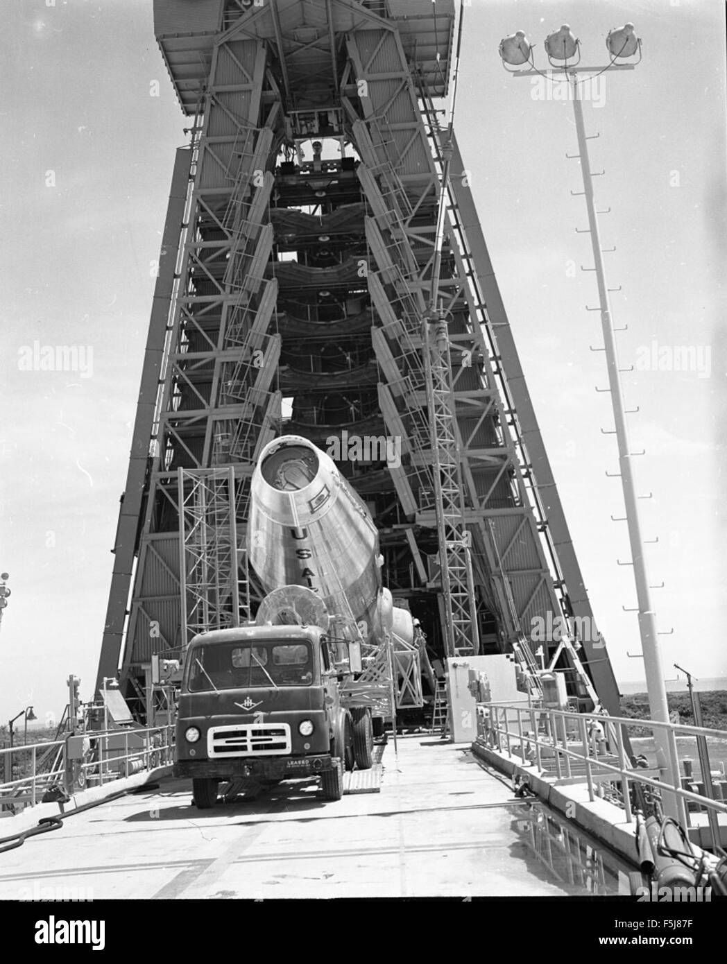 Photograph documenting the arrival of the 22E Atlas missile at Pad 13 ...