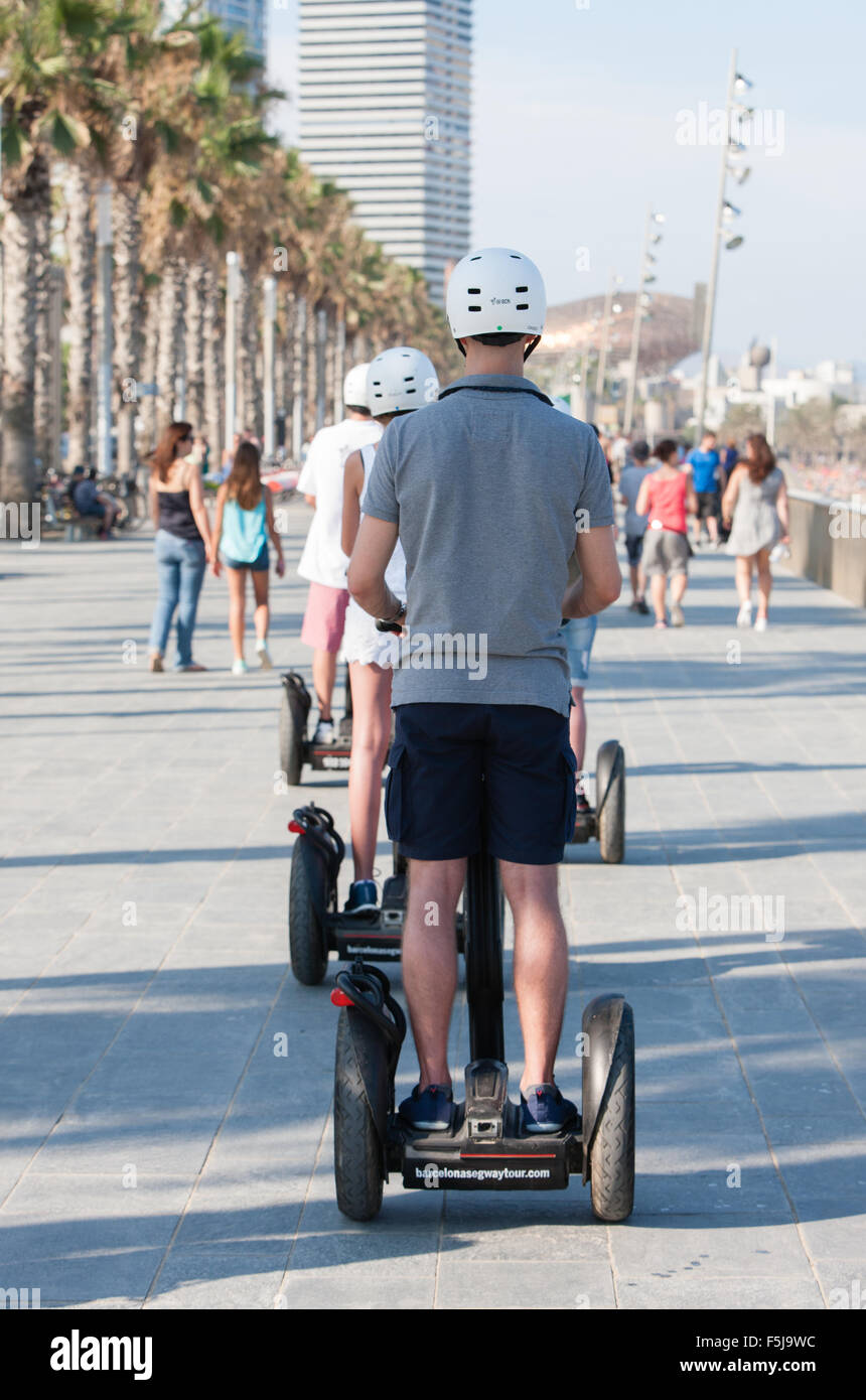 Segway tours along promenade in Barcelona,Catalonia,Spain.on ...