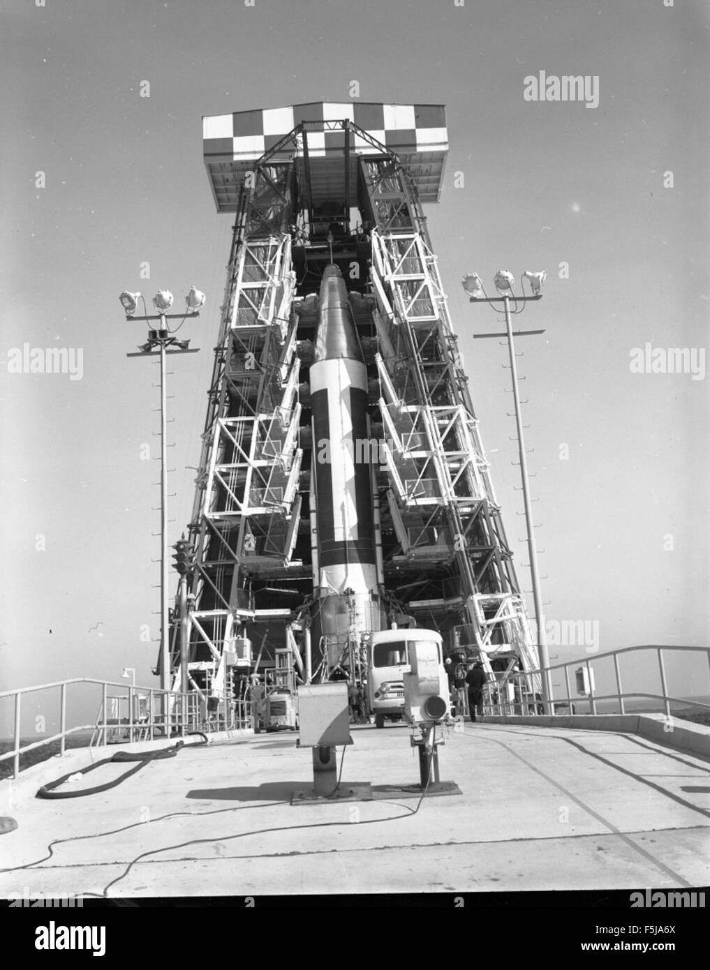 Photograph showing pre-test preparations on Atlas missile 11A, focusing ...