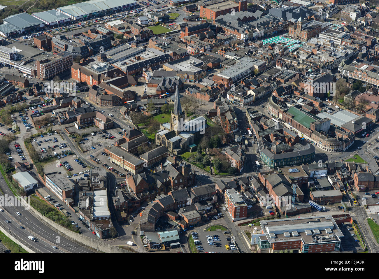 An aerial view of the town centre of Chesterfield with the famous ...