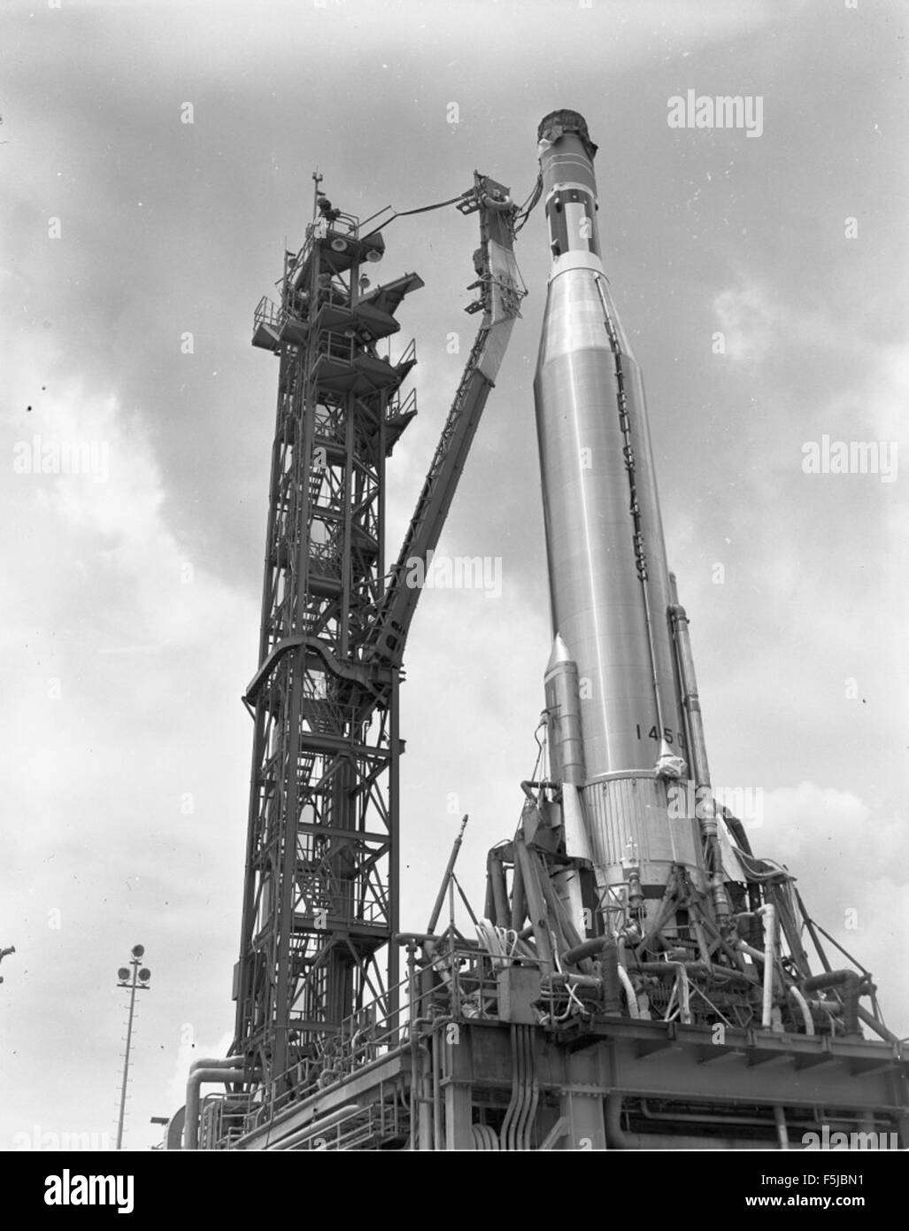 This image shows the Atlas 145D rocket before the launch of Mariner I ...