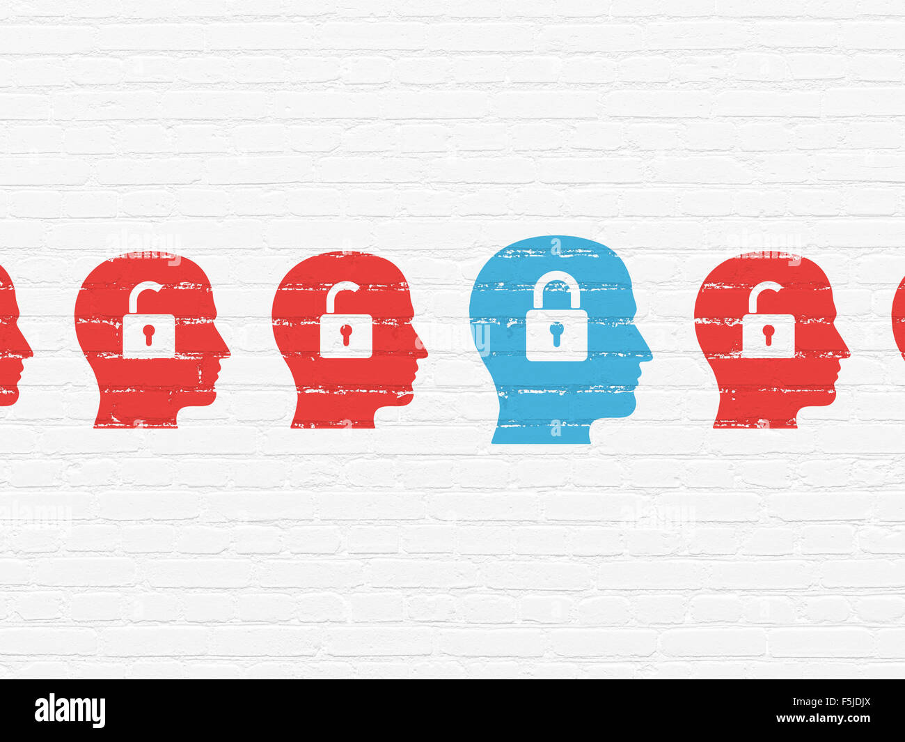 Finance concept: head with padlock icon on wall background Stock Photo ...
