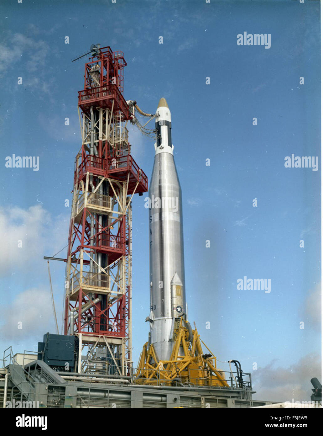 Photograph showing the Atlas 29D rocket with the Midas payload, ready ...