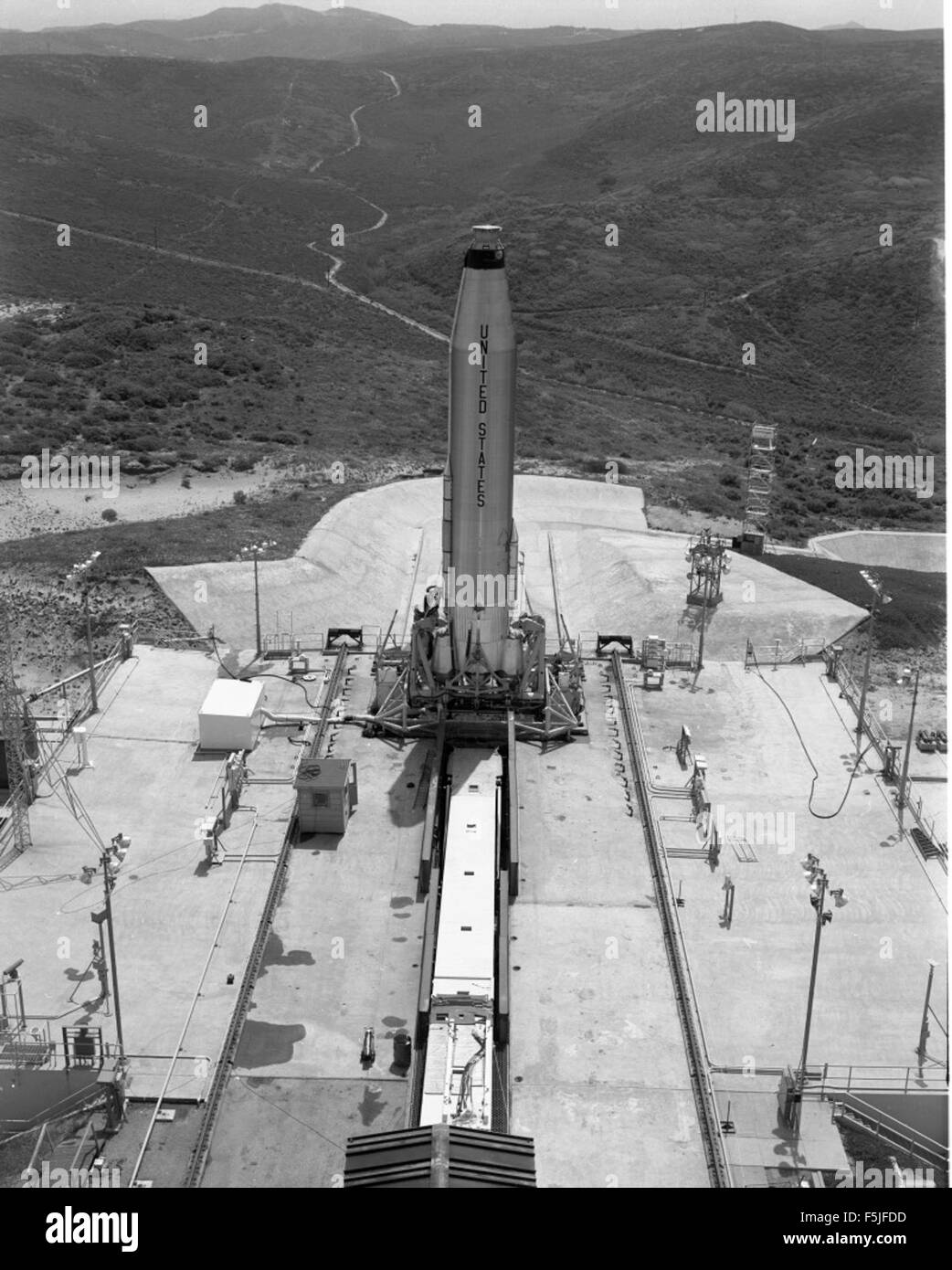 An image documenting the testing phase of an Atlas missile system ...