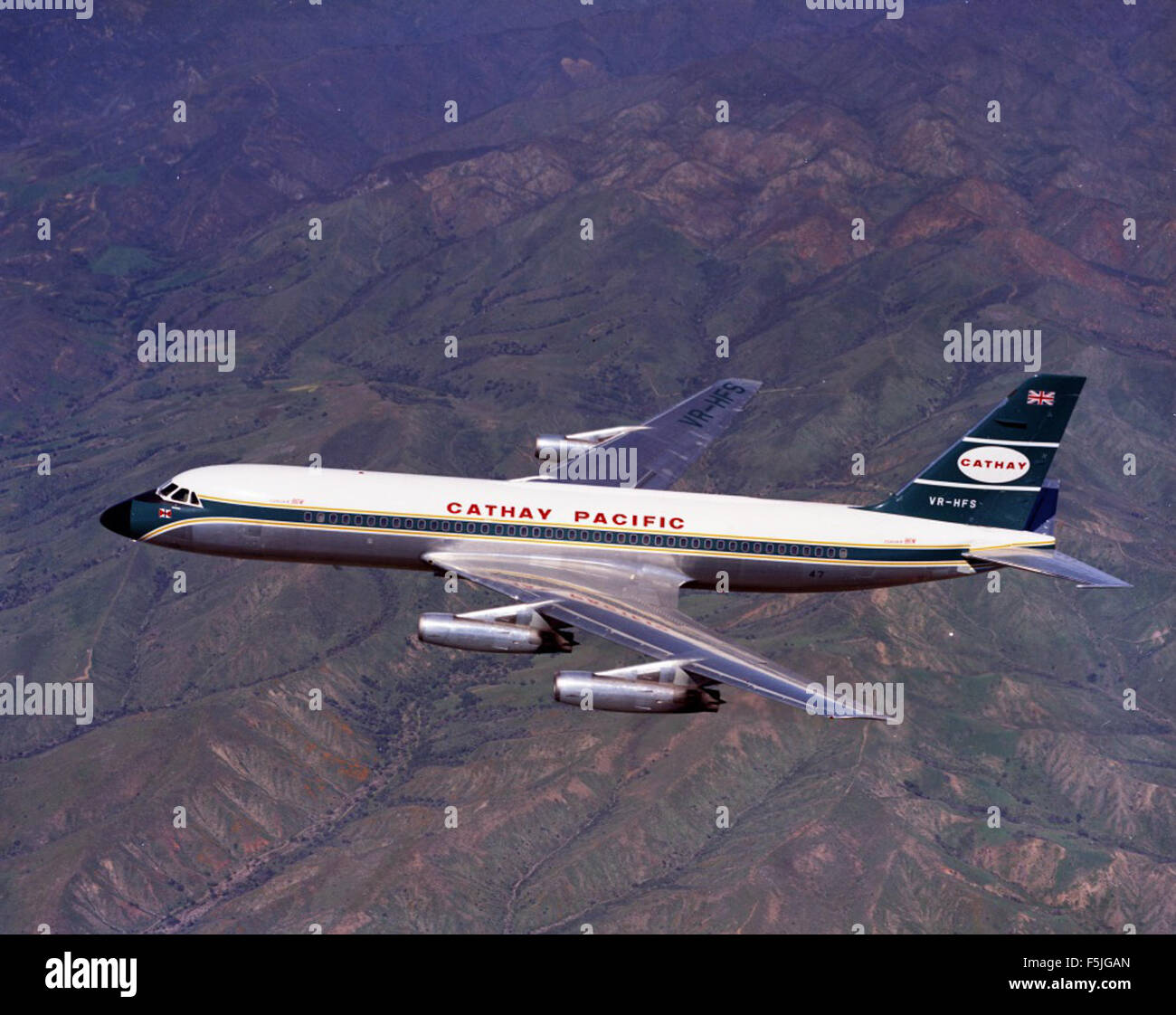 The Convair 880, a narrow-body airliner, shown in flight with Cathay ...