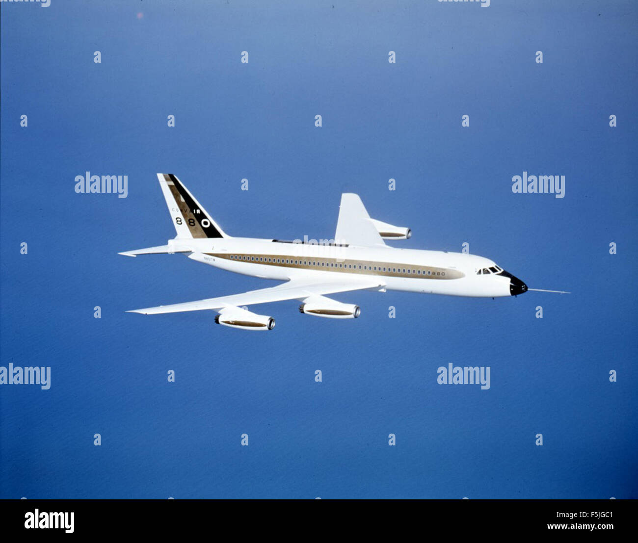 The Convair 880, a commercial jet airliner, is captured in flight ...