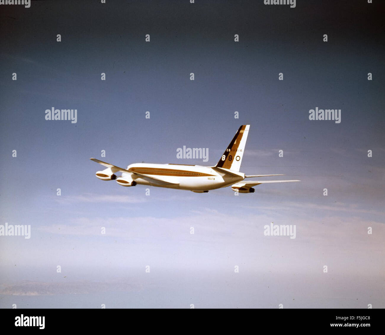 The Convair 880 is shown in flight, demonstrating its capabilities as a ...