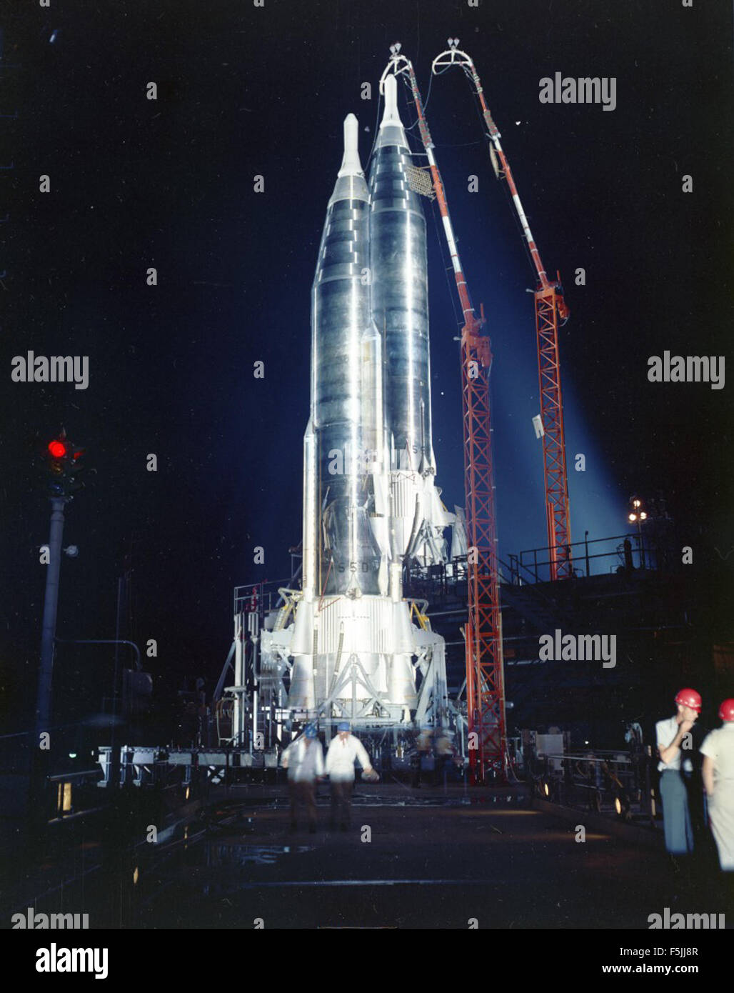 A detailed view of the Atlas 55D rocket prelaunch at Complex 12 ...
