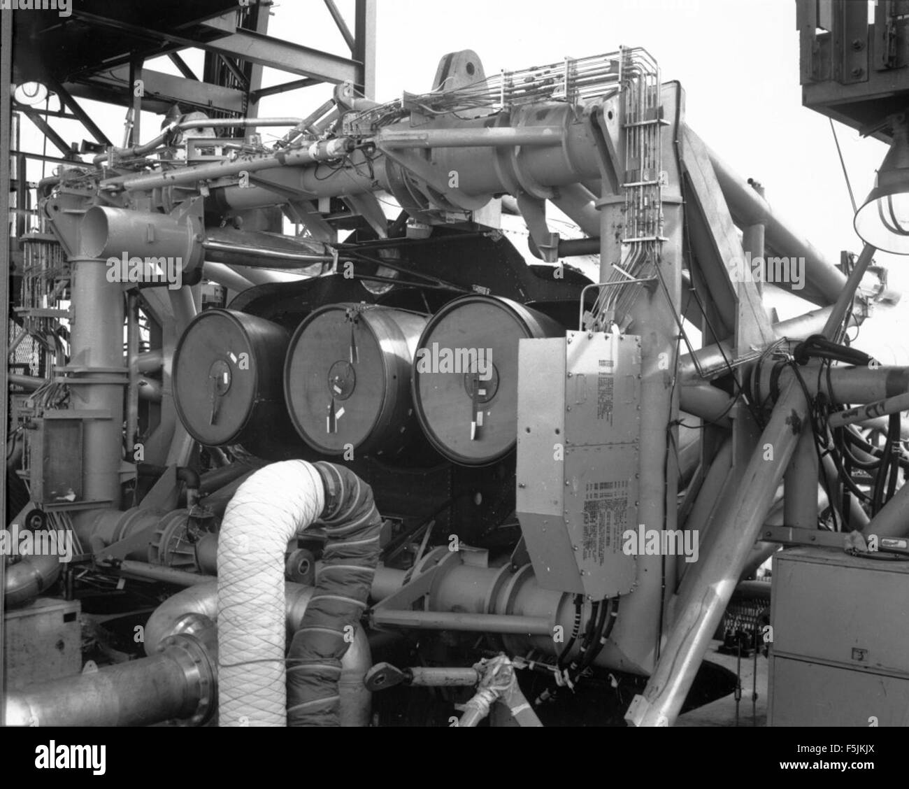 A view of the Atlas 6D rocket’s thrust section mounted on a trailer ...