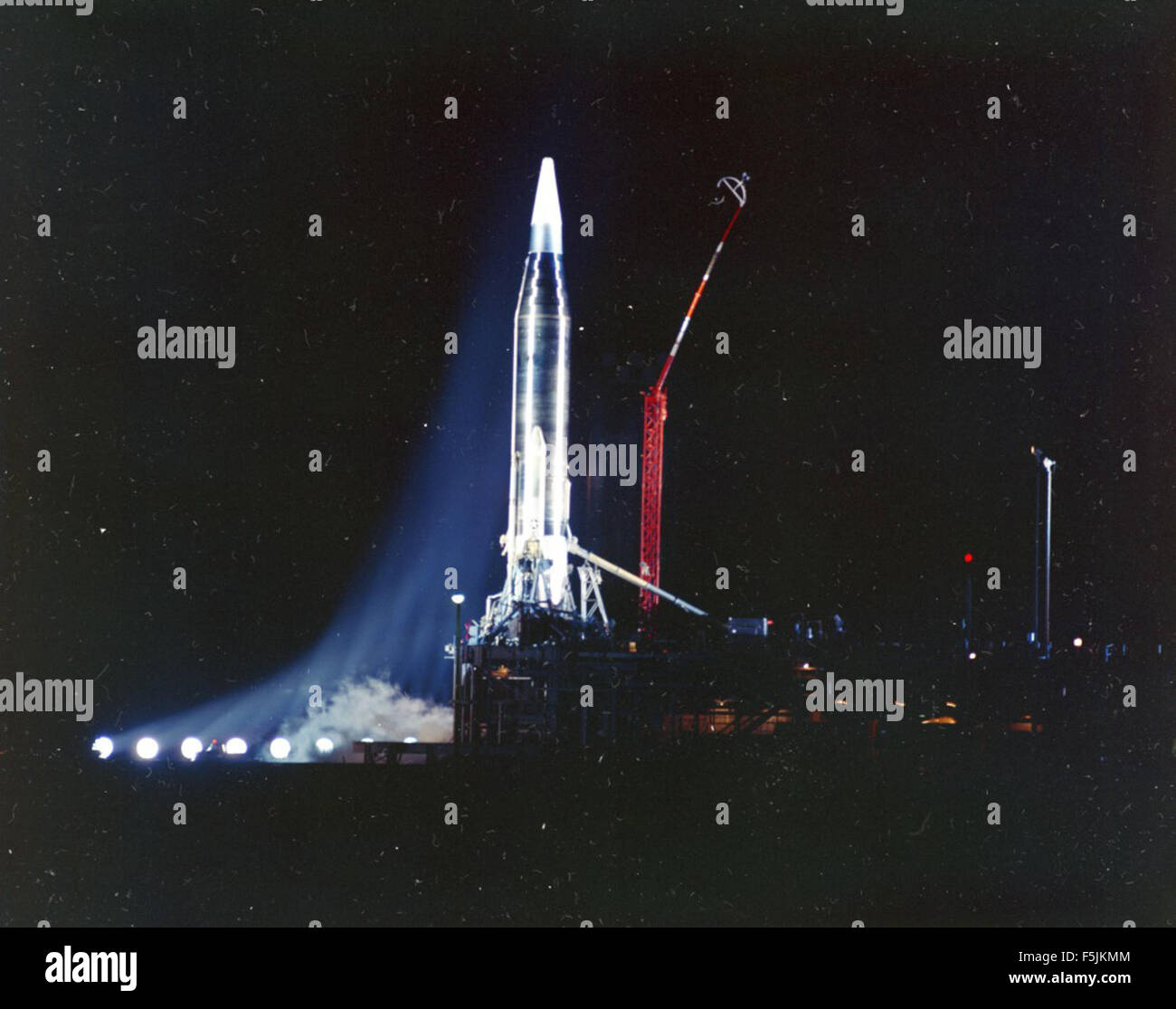The Atlas 71D is shown in preparation for its prelaunch sequence at ...