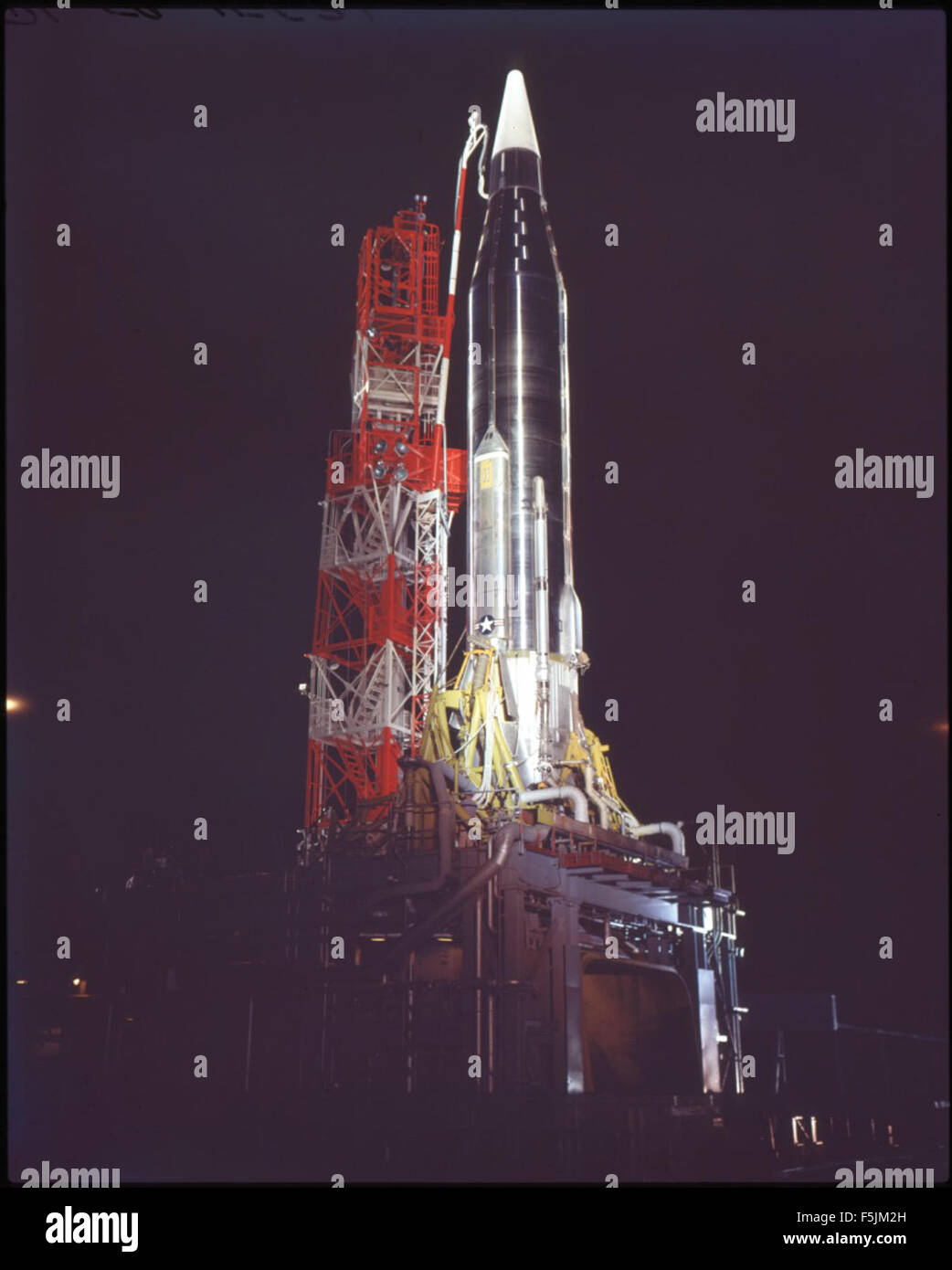 An image showing Atlas 7D on its launcher at the test site, documenting ...