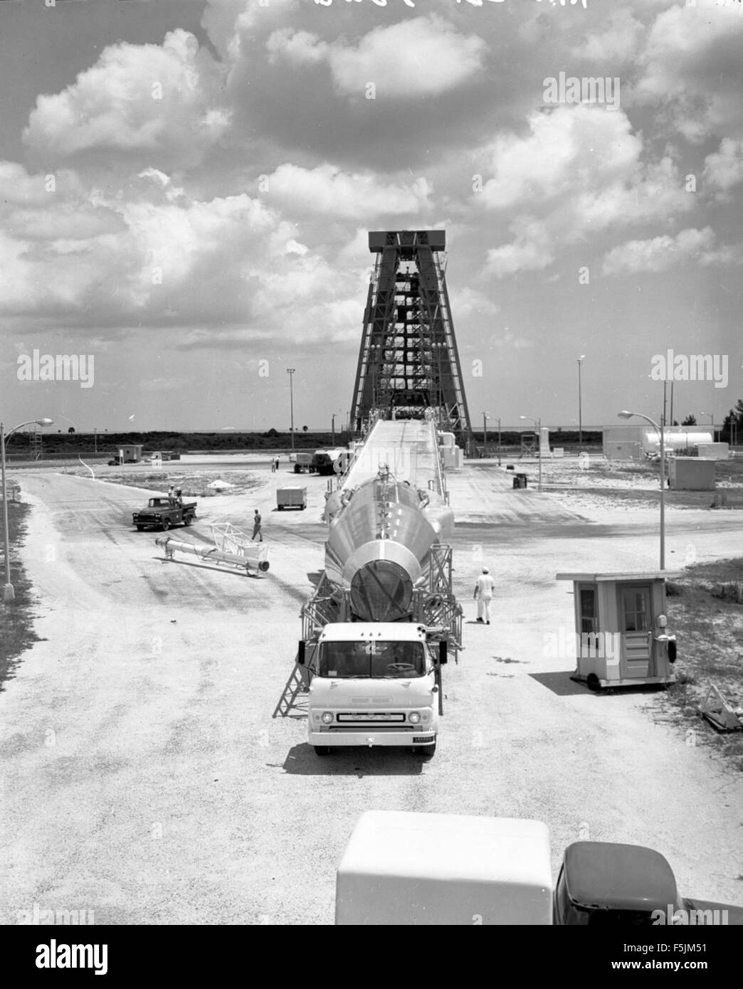 The Atlas 7F rocket is shown at the foot of the ramp on July 14, 1962 ...
