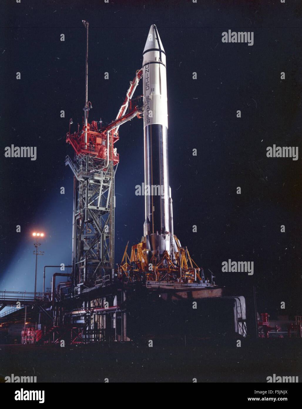 This image shows the Atlas Centaur 11 rocket before launch, with a ...